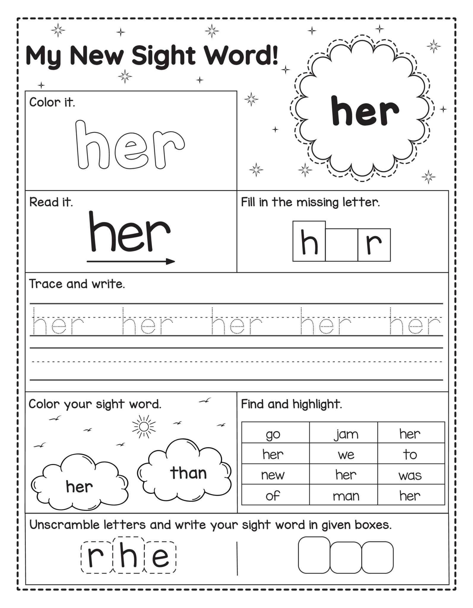 Gratis werkblad sight word – her