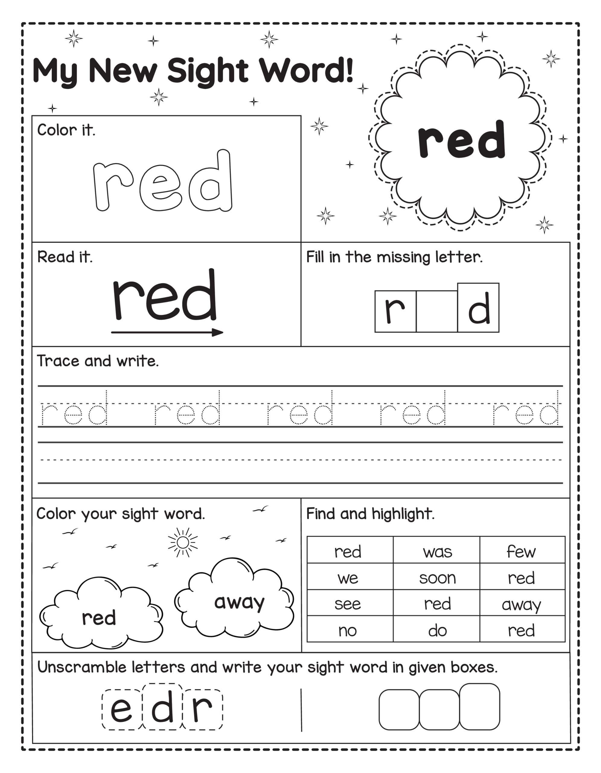 Gratis werkblad sight word – red