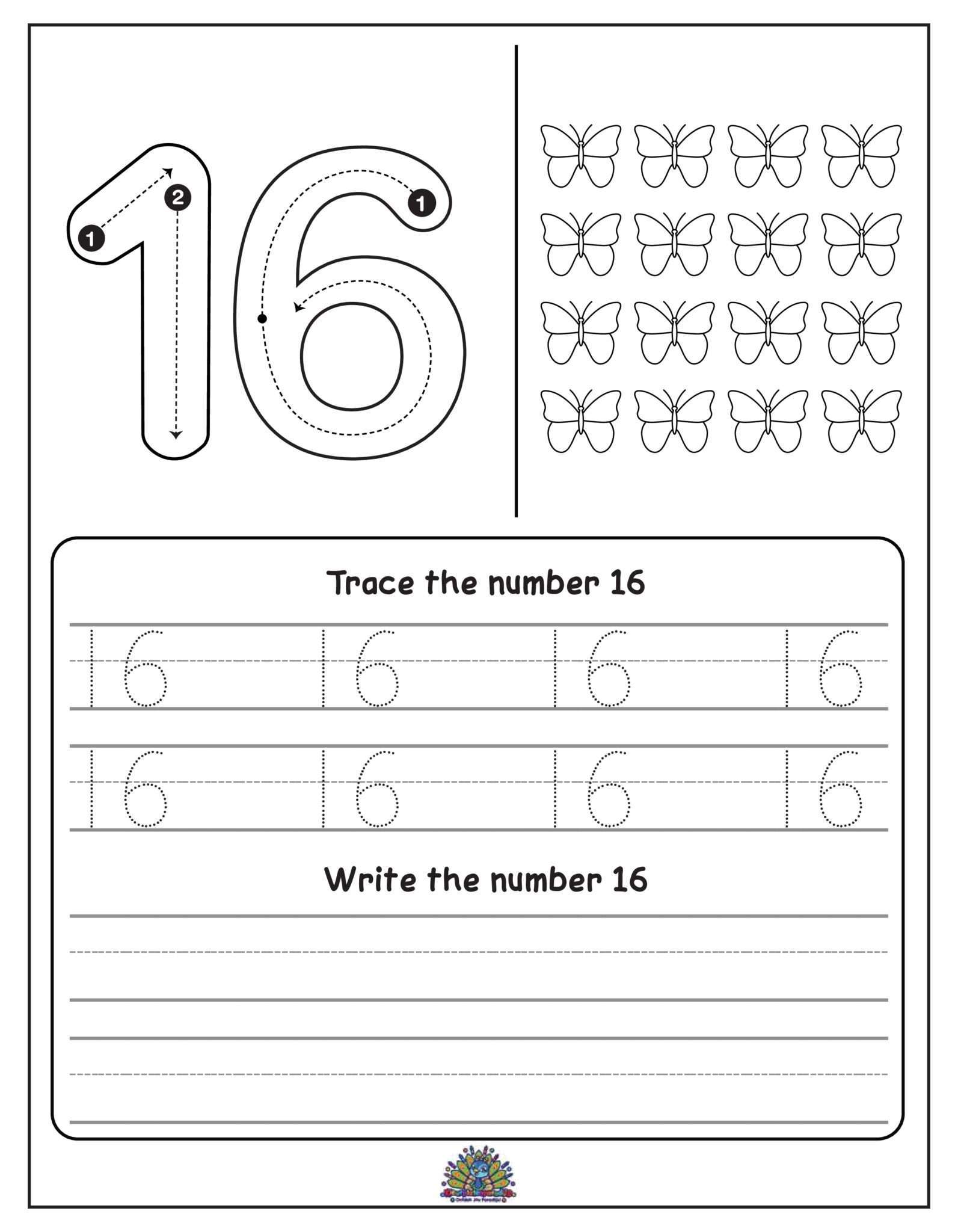 Cijfer 16 – gratis schrijf en tel werkblad