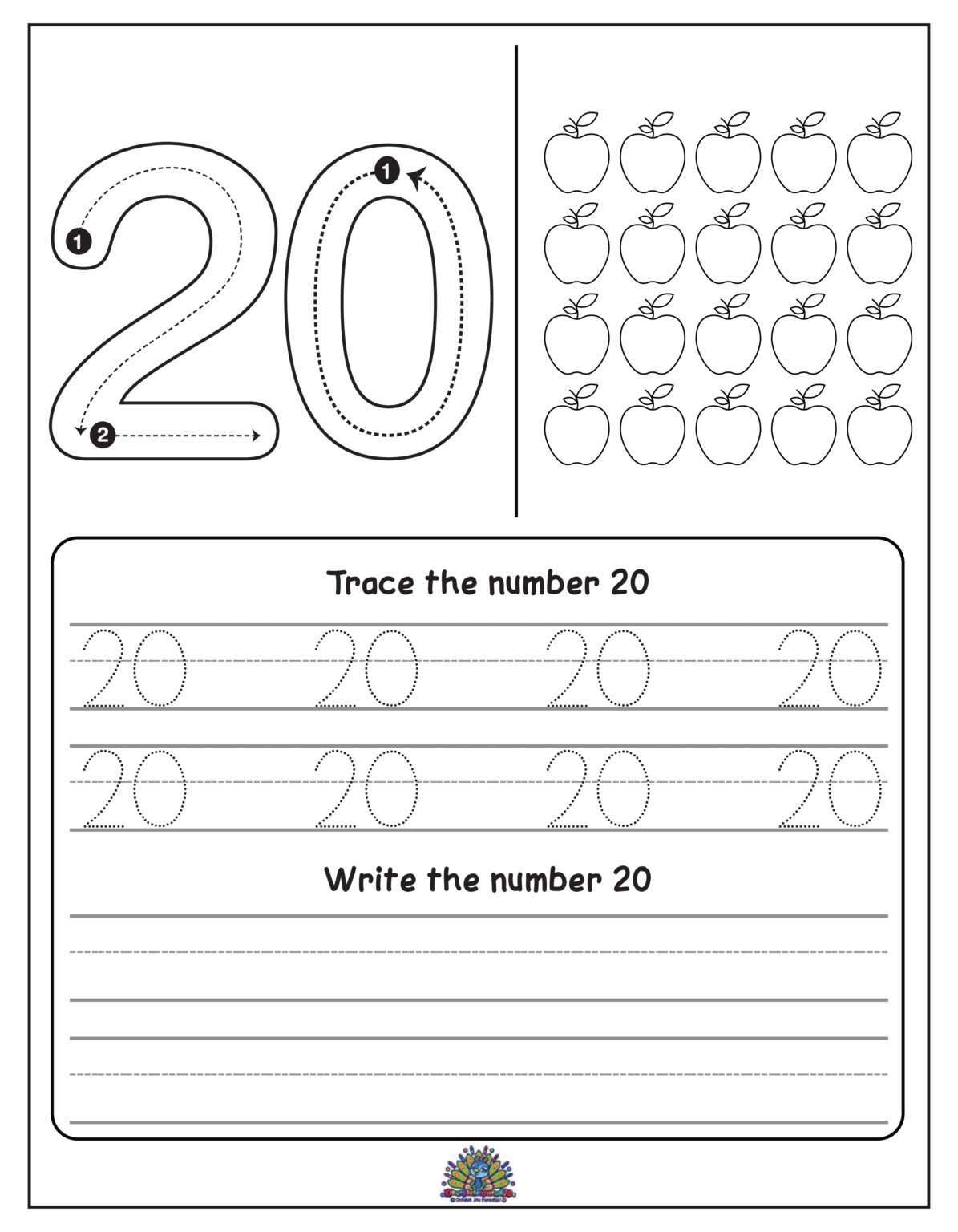 Cijfer 20 leren schrijven en tellen (werkblad voor kinderen)