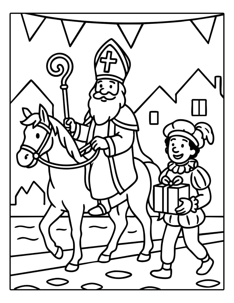 Kleurplaat Sinterklaas op paard met Piet