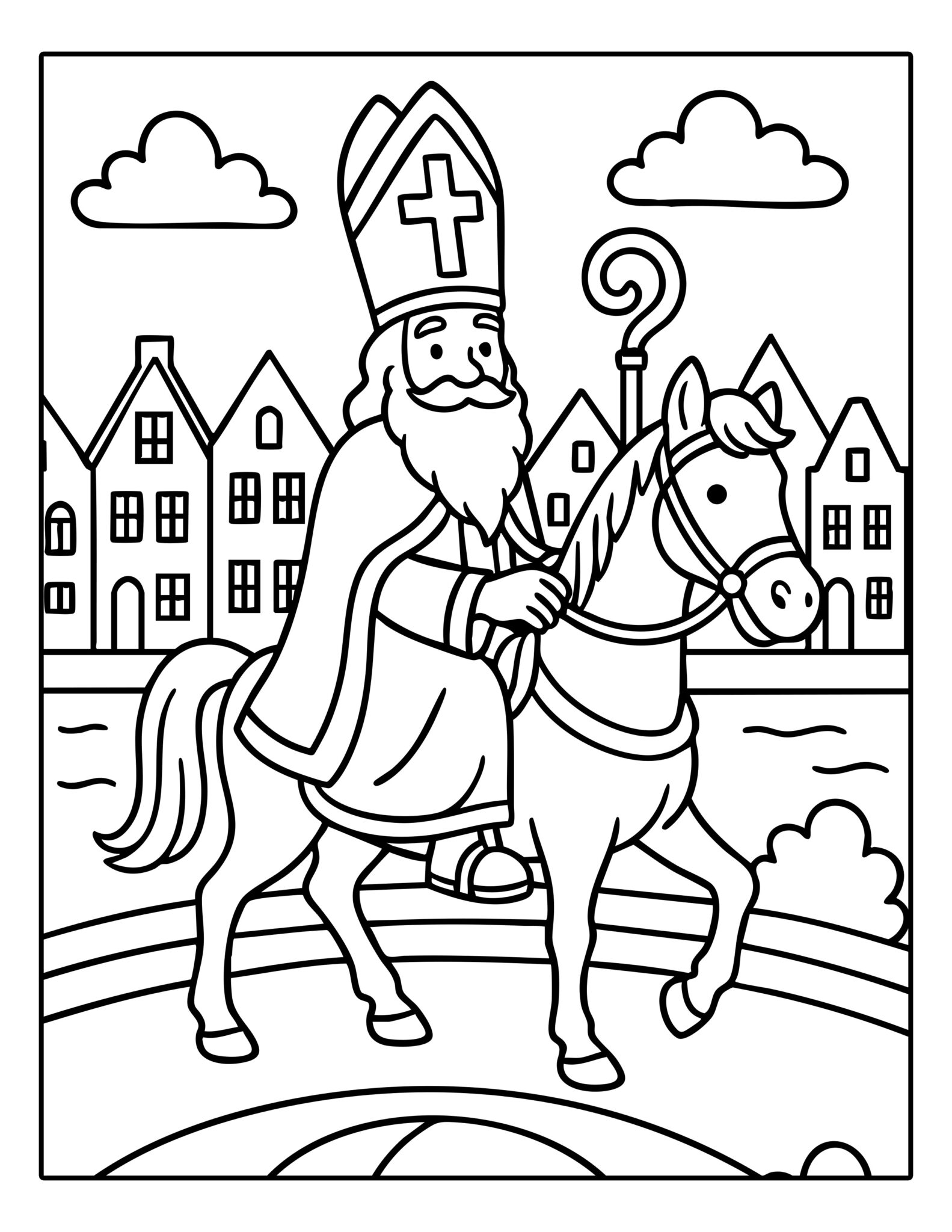 Kleurplaat Sinterklaas op zijn paard in de stad