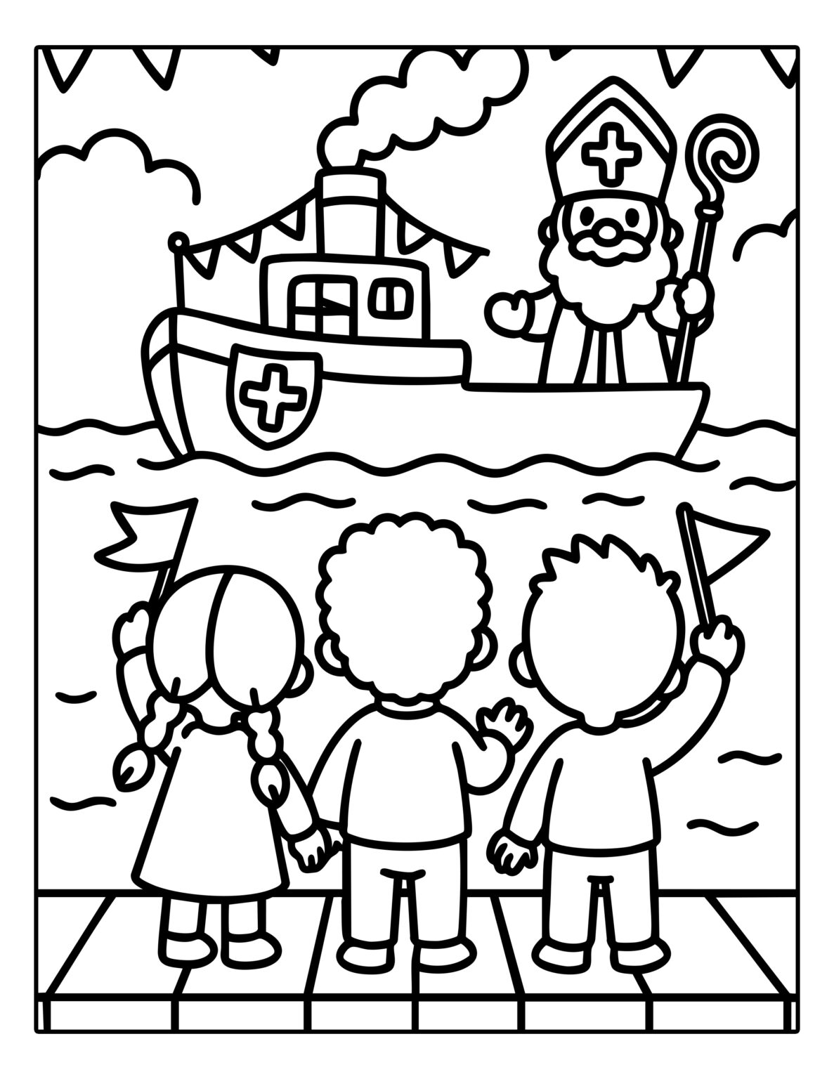 Kleurplaat kinderen zwaaien naar Sinterklaas op de boot