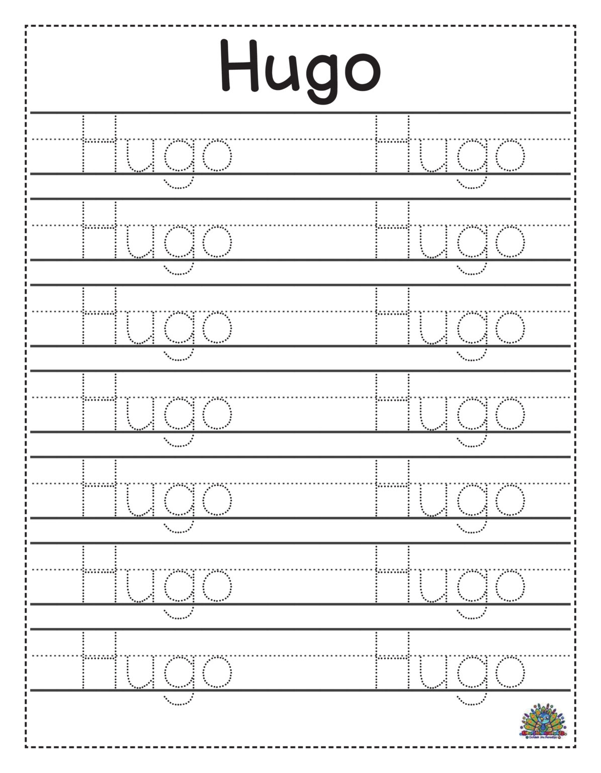Naam leren schrijven – Hugo werkblad